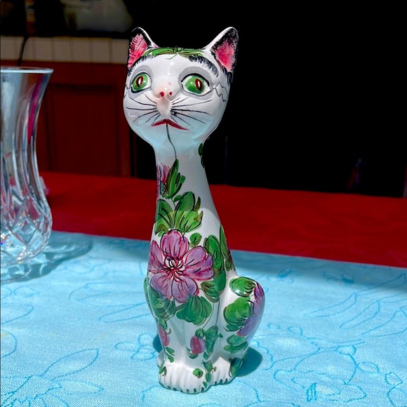 Cat | Vintage Italian Floral Ceramic Cat Figurine With Green Eyes ...